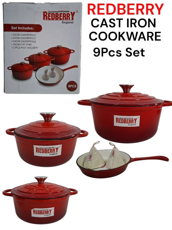 9-Piece REDBERRY Enamel Coated Cast Iron Cookware Set